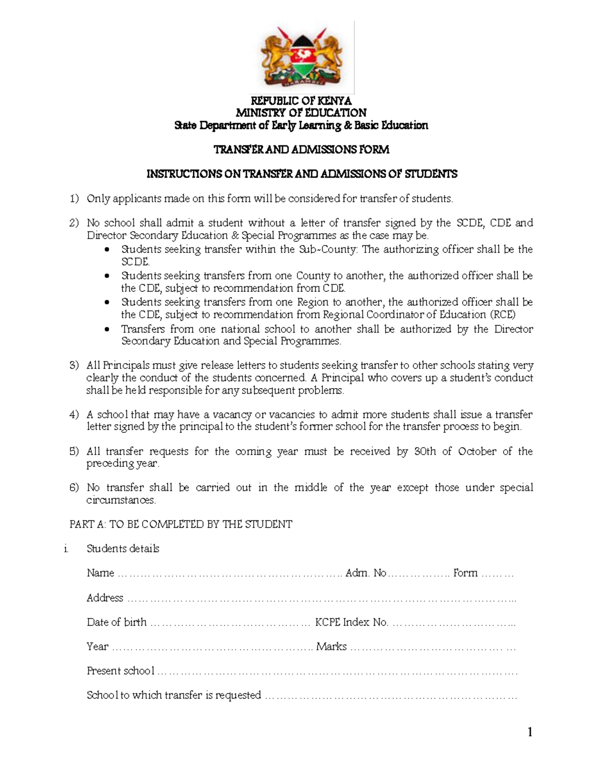 397101982 - Student Transfer and Admissions Form - Kenya - Studocu