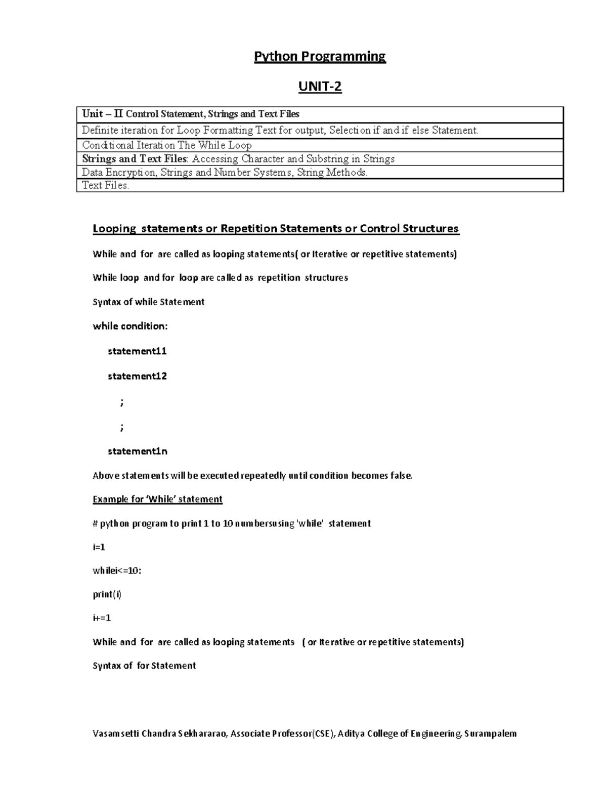 Conditional Statements & Loops In Python - Unit Ii Notes - Studocu