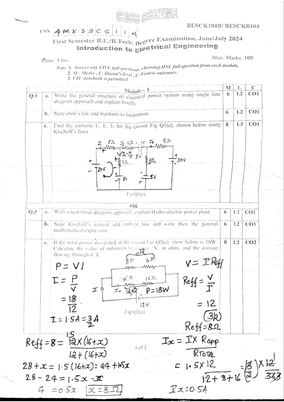 CBCS SCHEME BESCKB104 USN AMK23C6114 First Sem Exam 2024: Intro to ...