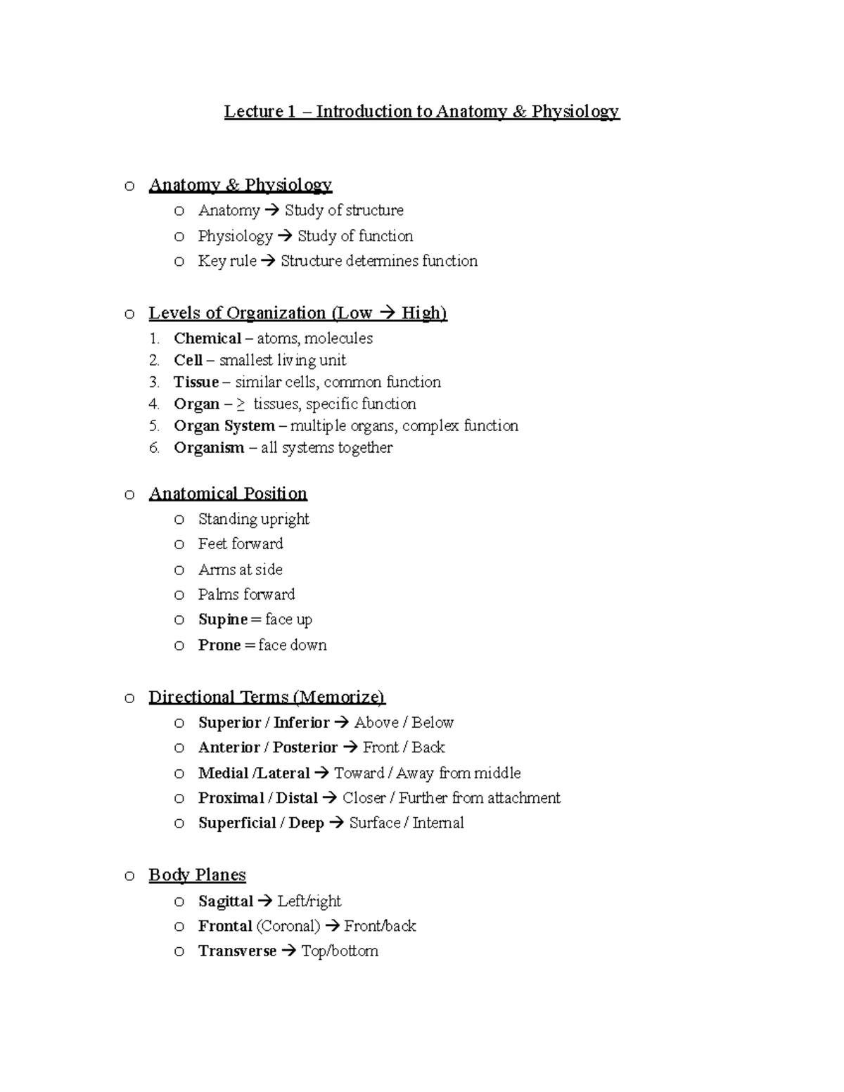 Lecture 1: Intro to Anatomy & Physiology Concepts - Studocu