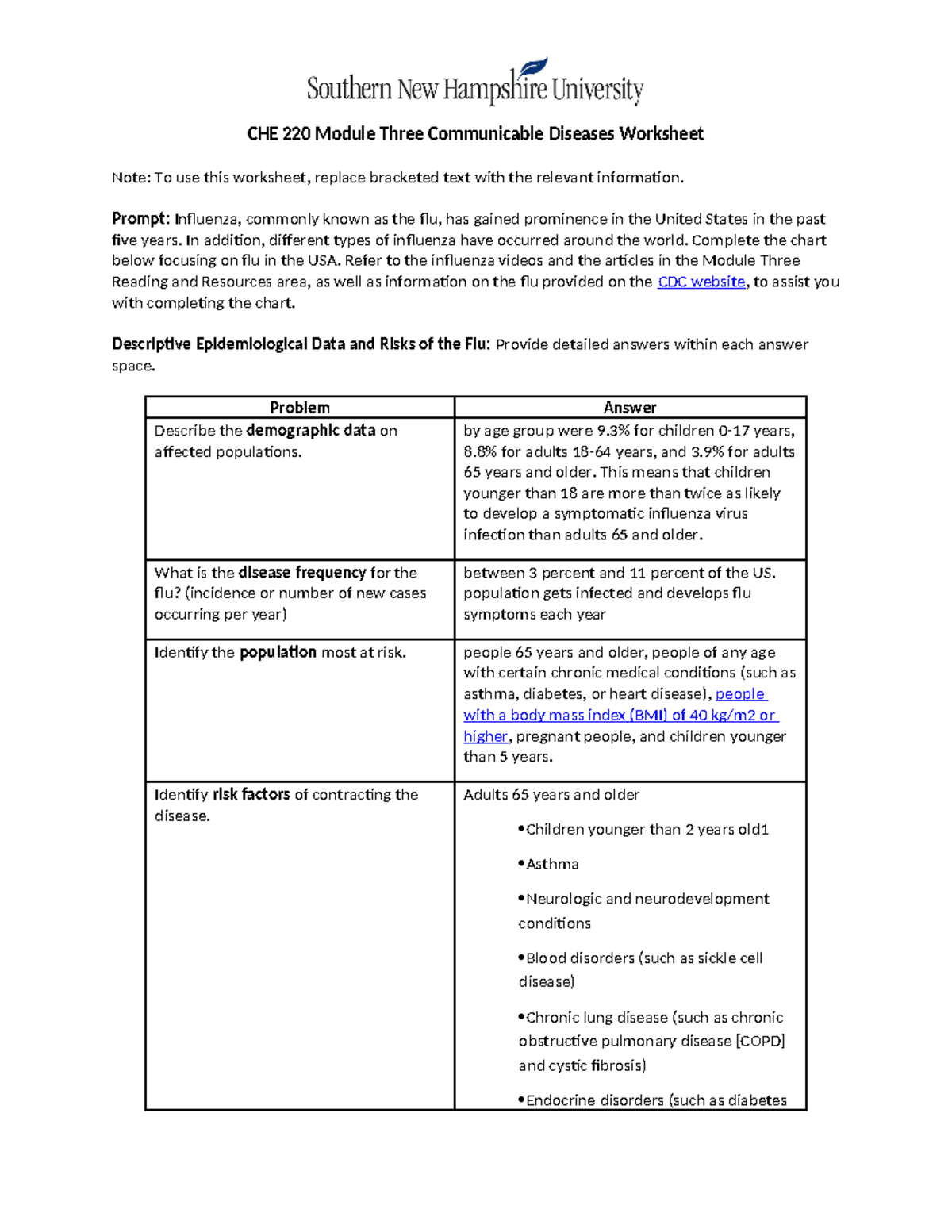 CHE 220 Module Three Communicable Diseases Worksheet complete - Prompt ...