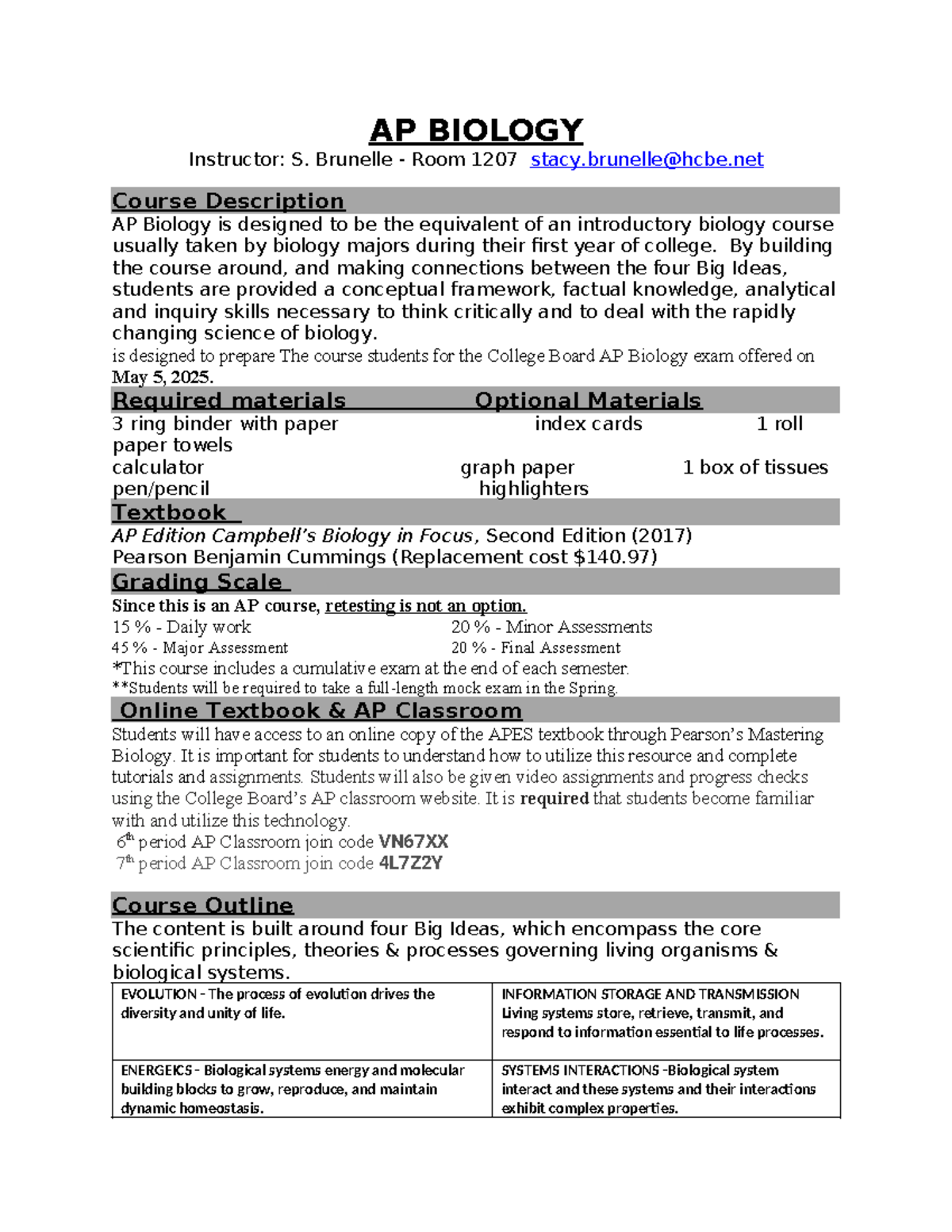 AP Biology Syllabus for 2024-2025 - Instructor S. Brunelle - Studocu