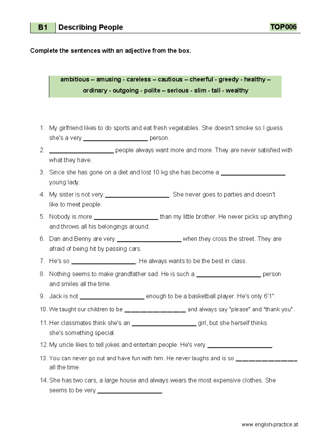 B1 Vocabulary on Describing People - TOP006 Adjectives Exercise - Studocu