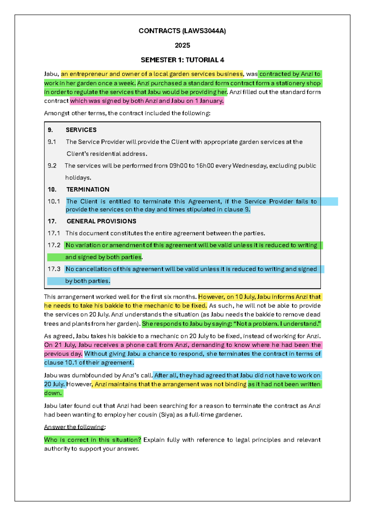 CONTRACTS (LAWS3044A) 2025 SEMESTER 1: TUTORIAL 4 ANALYSIS - Studocu