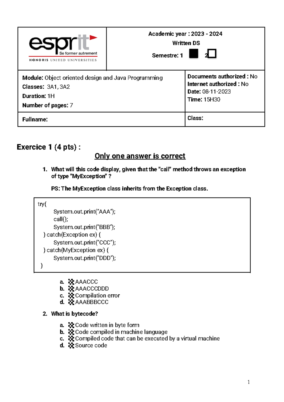 DS Java 3A S1 2324 - EN - aaa - Academic year : 2023 - 2024 Written DS ...