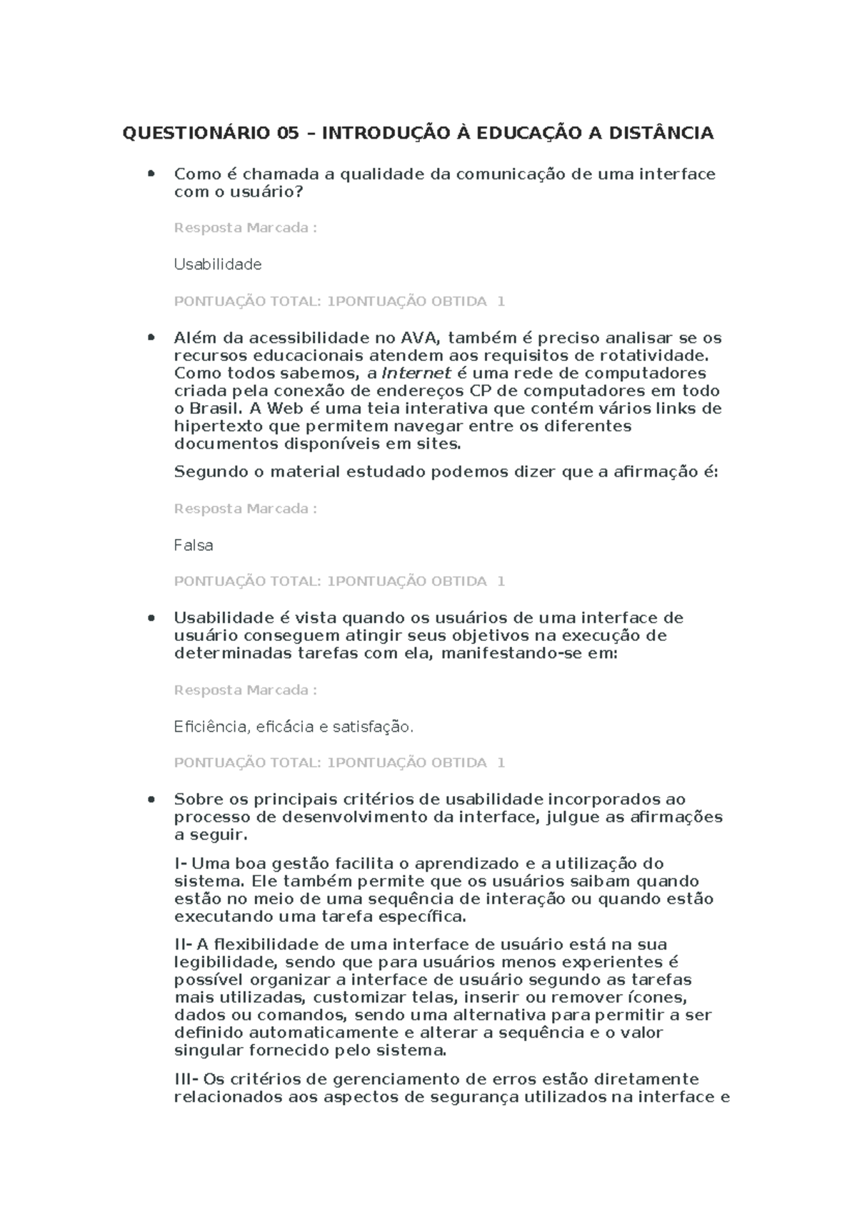 Questionário 05 - Usabilidade em Interfaces de Usuário na EAD - Studocu