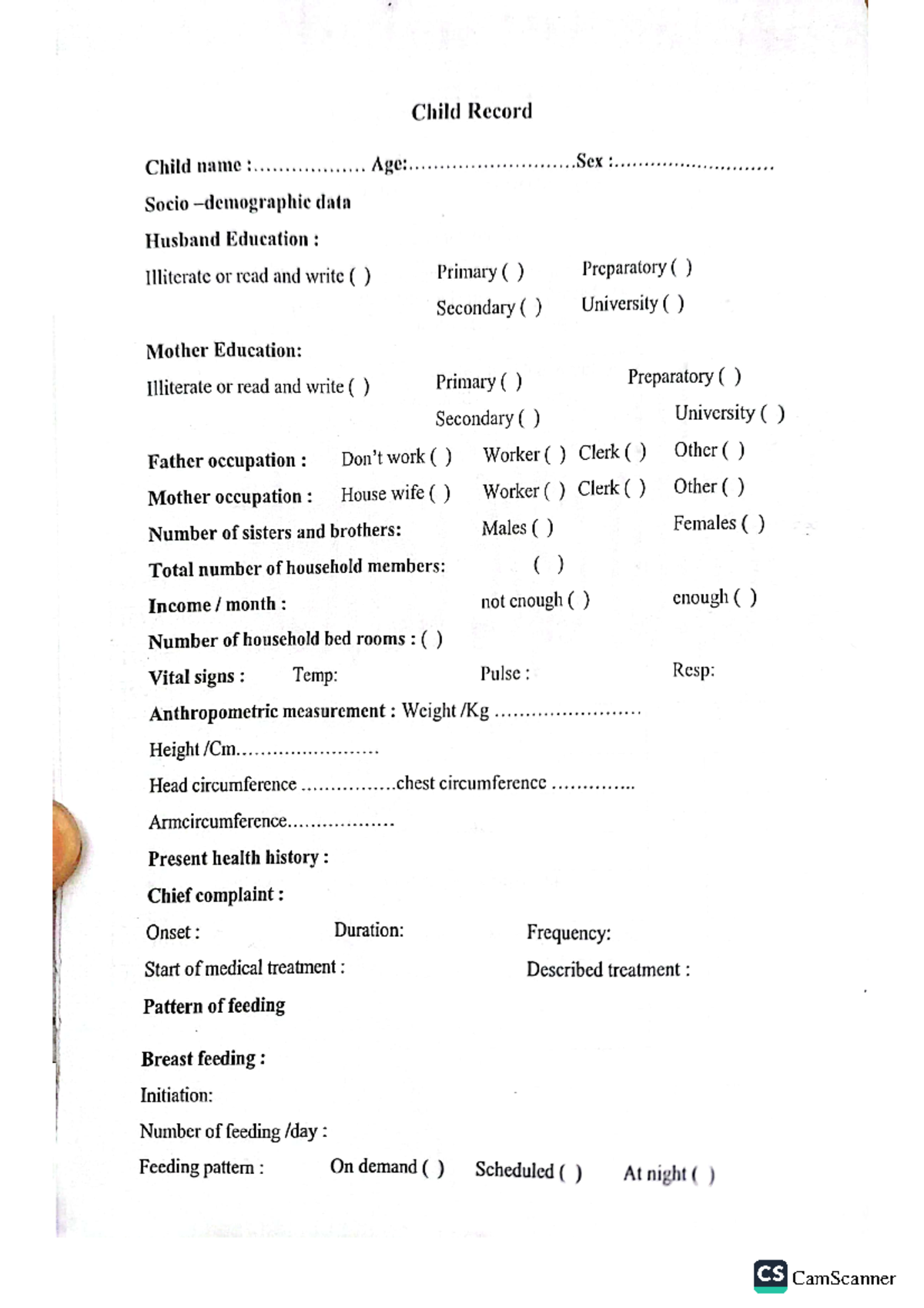 MCH sheet - ftf - Child Record Child name : Age: Sex : Socio data ...