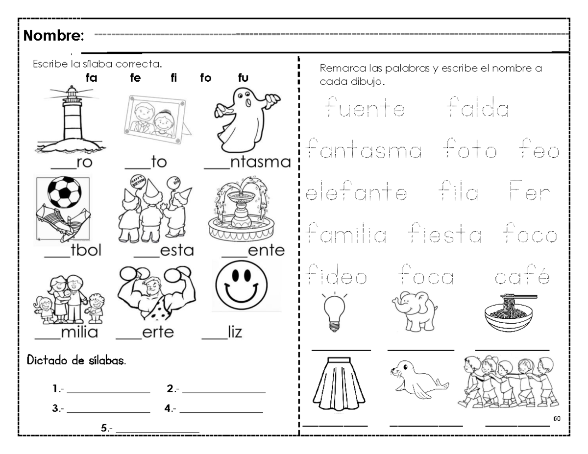 Lecto escritura 4 - 60 ####### Dictado de sílabas. Remarca las palabras ...