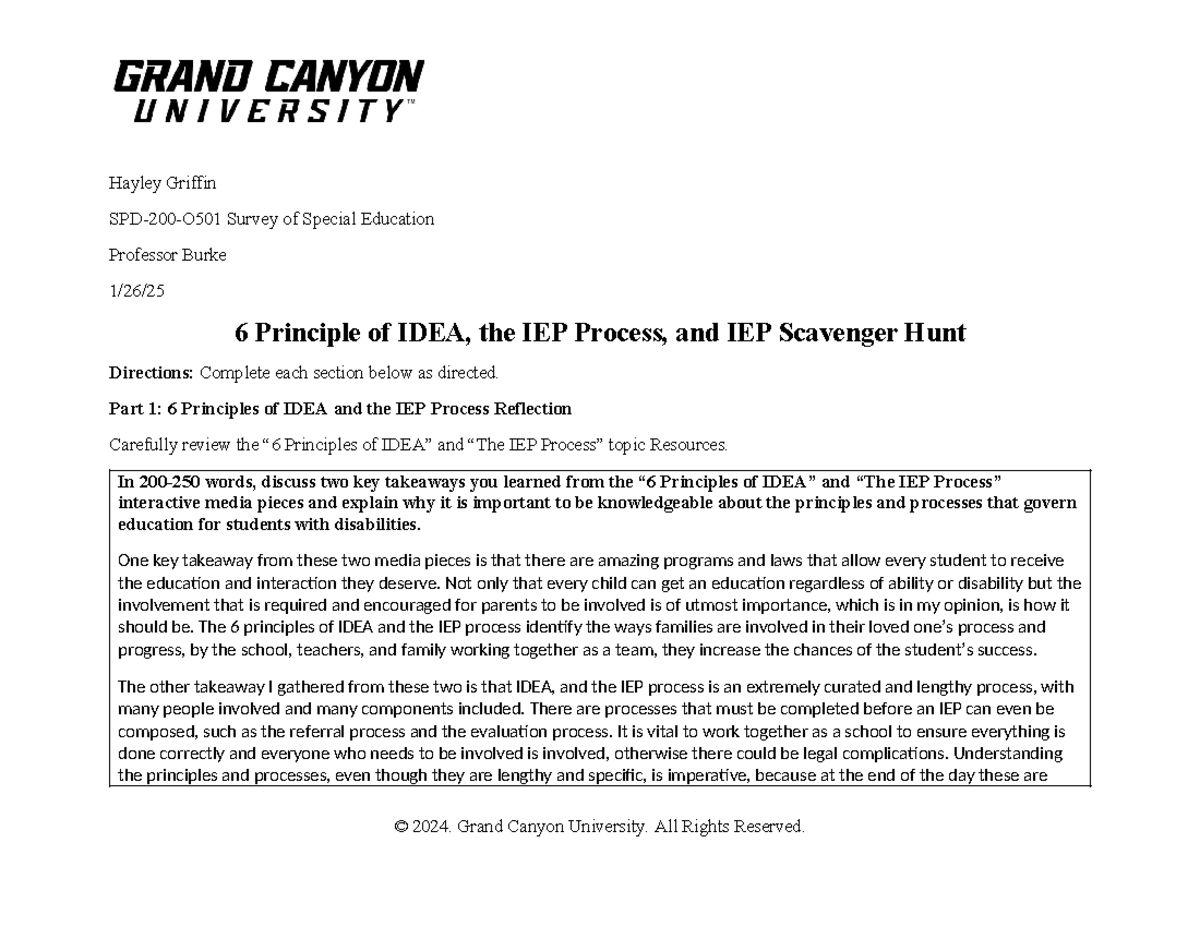 SPD-200 Final Exam: 6 Principles of IDEA & IEP Process Scavenger Hunt ...