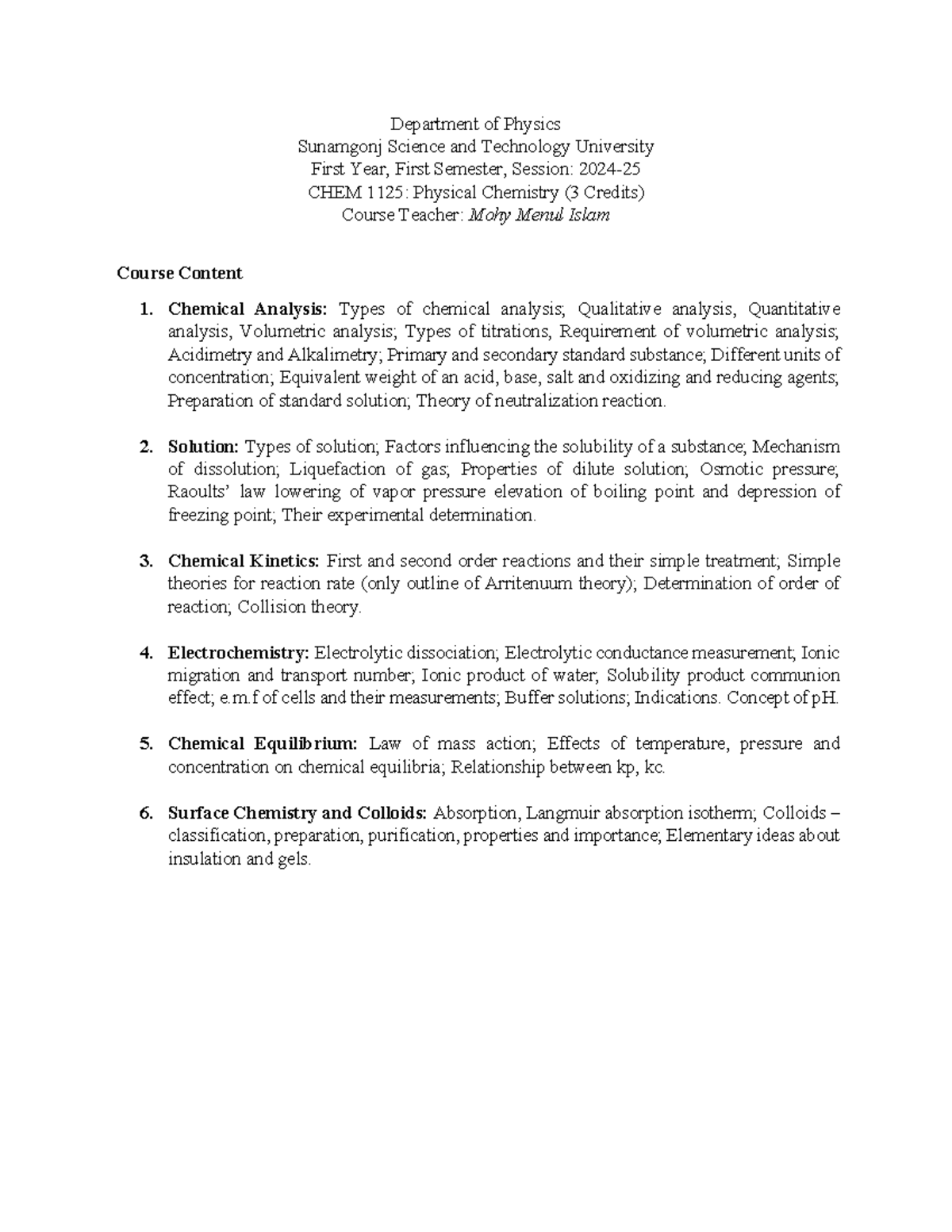 CHEM 1125: Physical Chemistry Course Outline - 1st Year, 1st Sem - Studocu