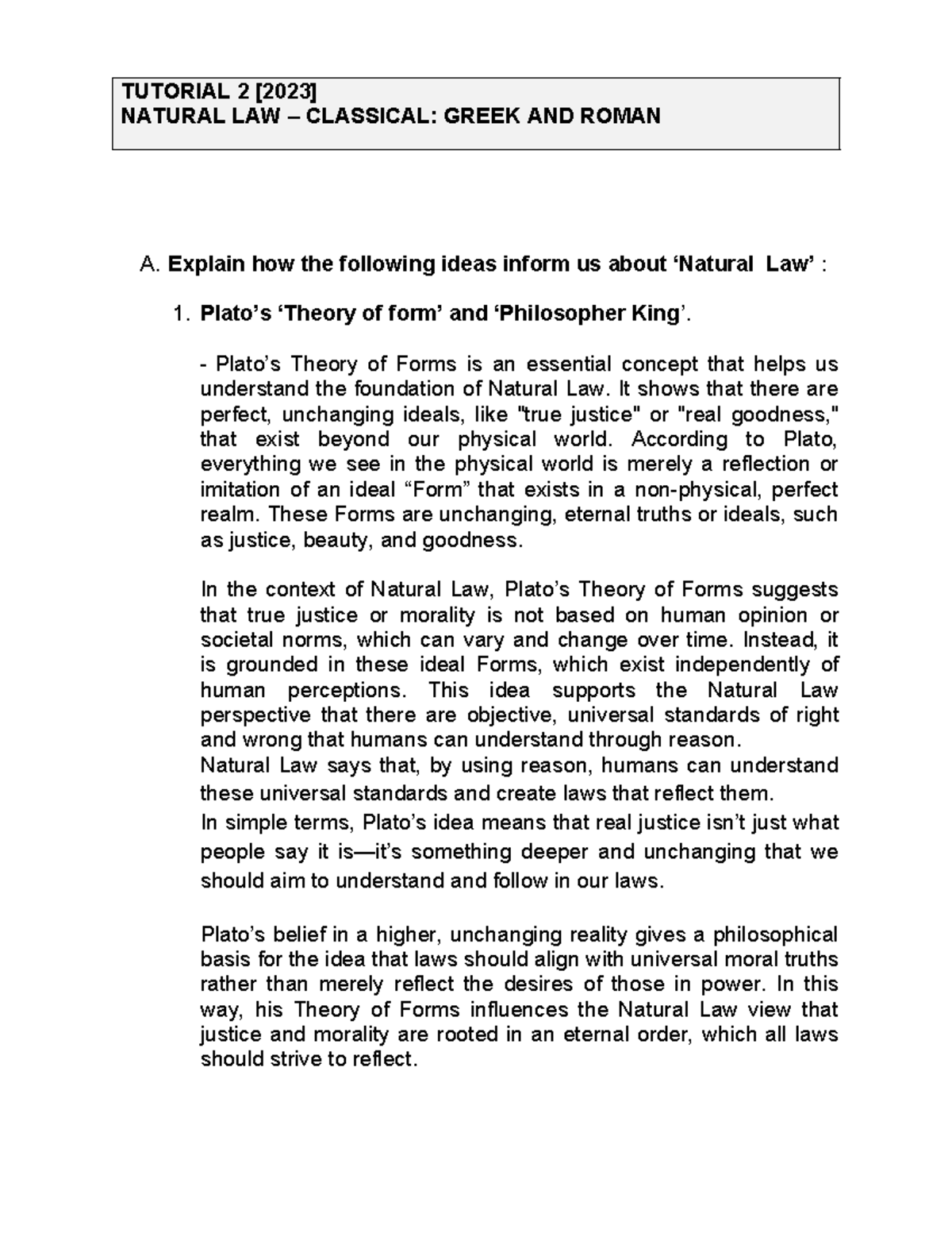 Tutorial 2 [2023] Natural Law: Insights from Classical Greek and Roman ...