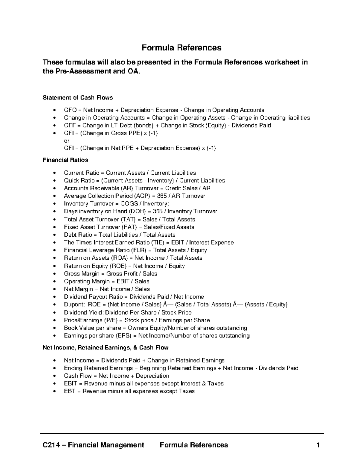 C214 Financial Management: Comprehensive Formula References Guide - Studocu