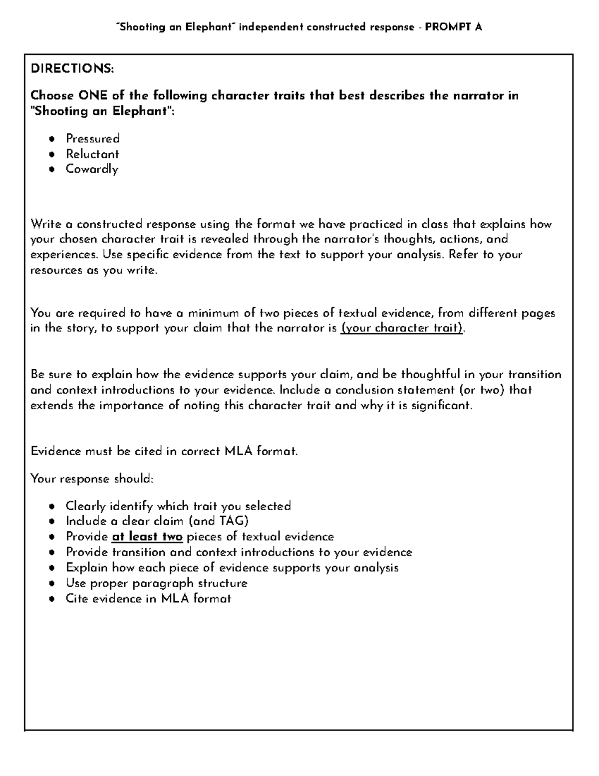SAE Constructed Response Template A: Character Trait Analysis - Studocu