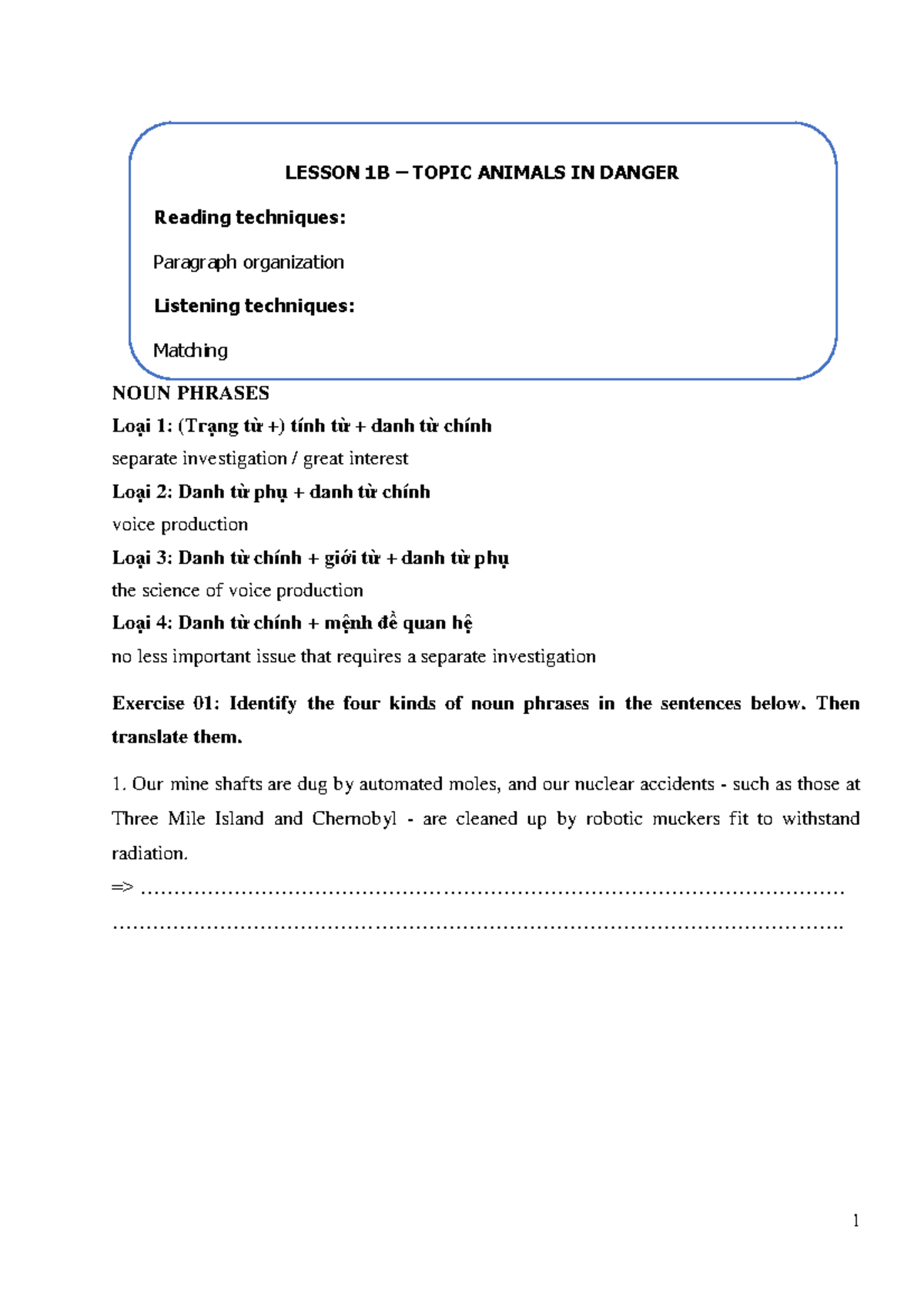 Lesson 1B - Noun Phrases and Animals in Danger Reading Techniques - Studocu