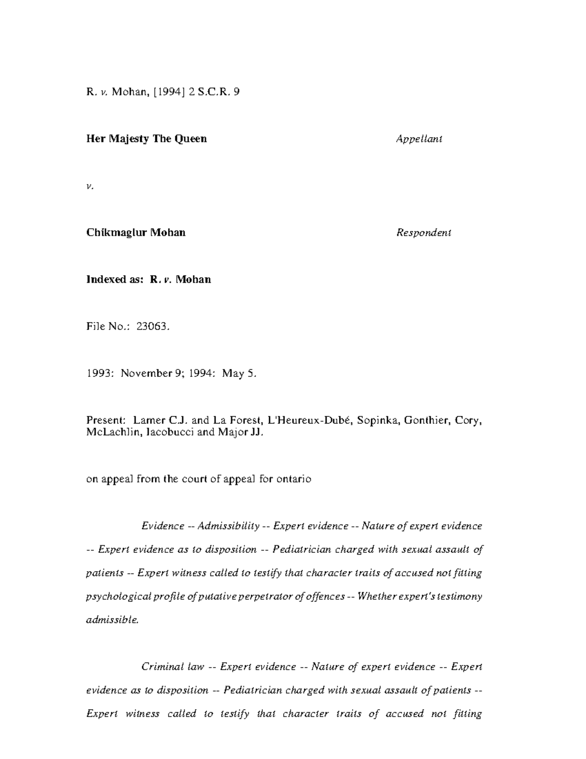 R-v-mohan - r v mohan case - R. v. Mohan, [1994] 2 S.C. 9 Her Majesty ...