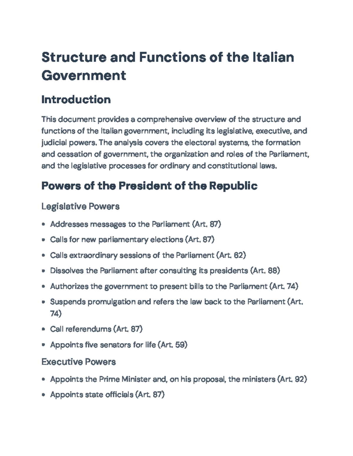 Italian Government Structure & Functions Overview - POLS101 Final ...