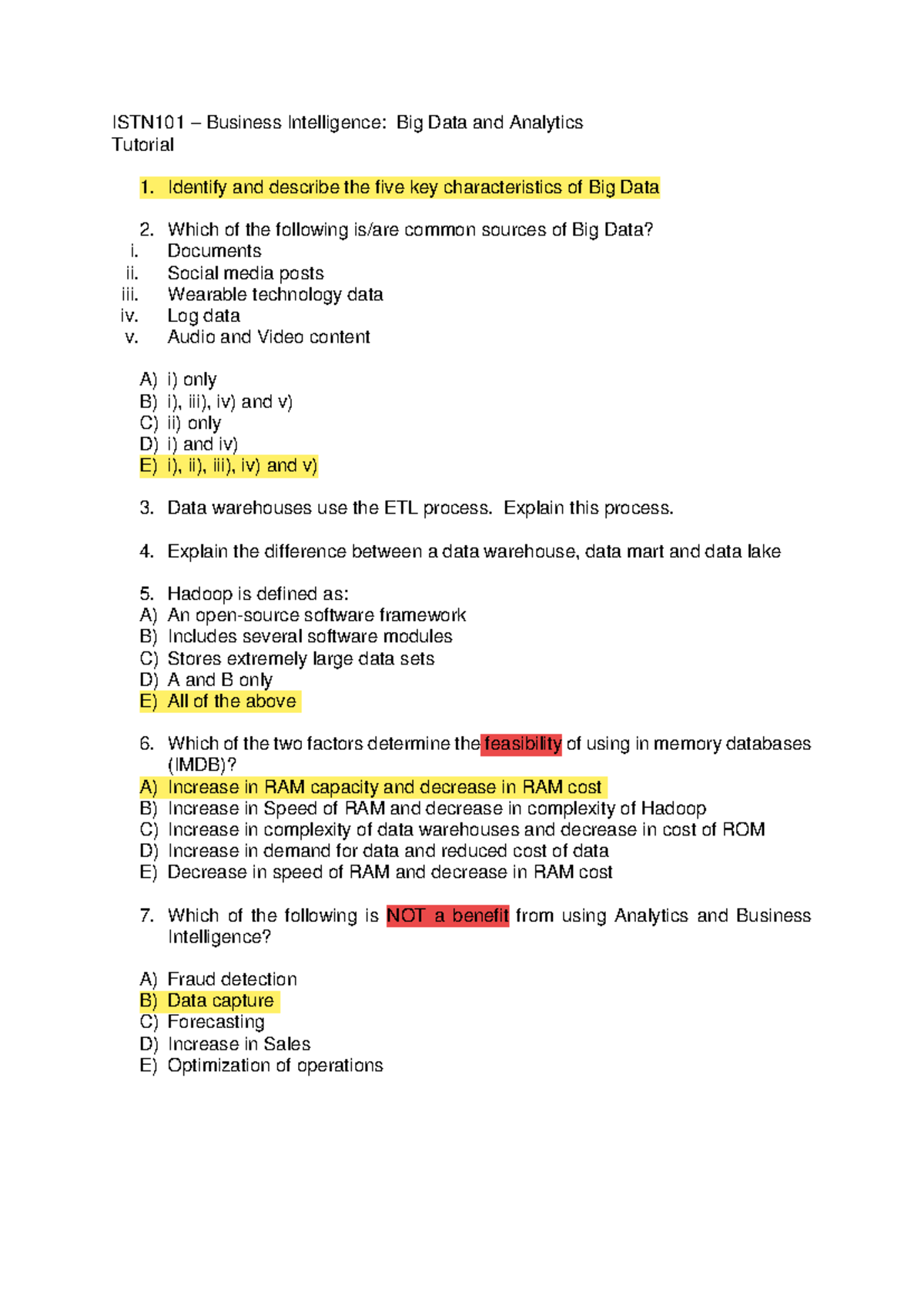 ISTN101 Business Intelligence: Big Data & Analytics Tutorial Questions ...
