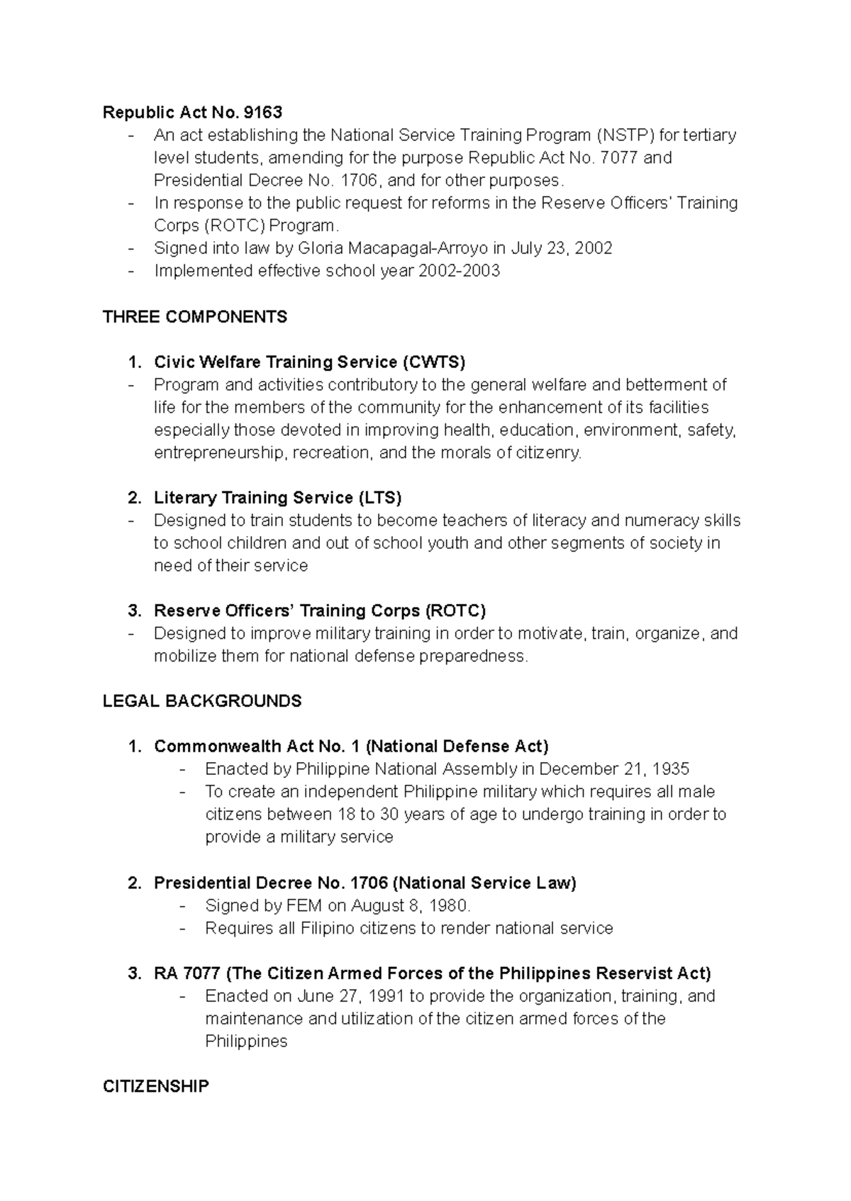 NSTP Notes: Understanding Republic Act No. 9163 and Citizenship Rights ...