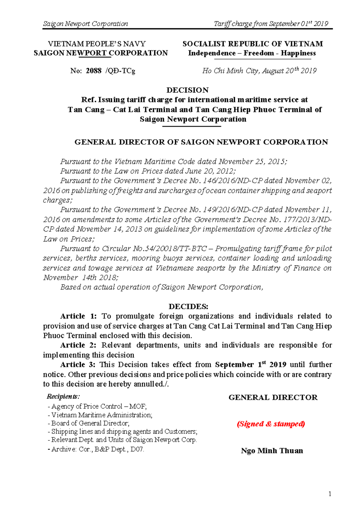 Tariff 2088 - Service charge applicable for foreign customers at TCCL ...