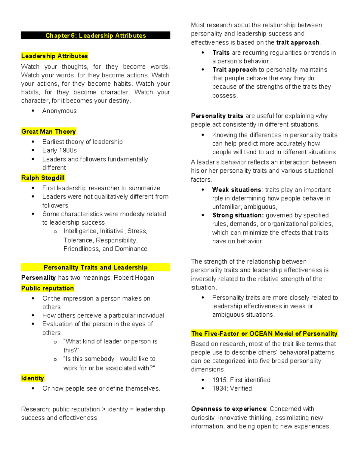 LDM 101: Chapter 6 - Leadership Attributes and Personality Traits - Studocu