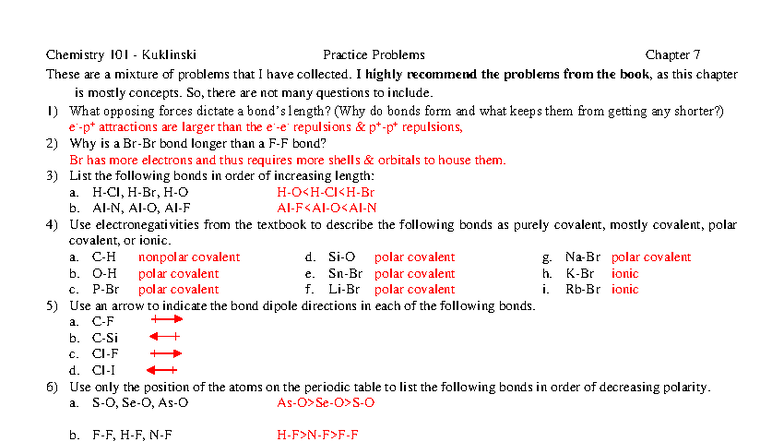 CHEM 101 Chapter 7 Practice Problems & Solutions - Studocu