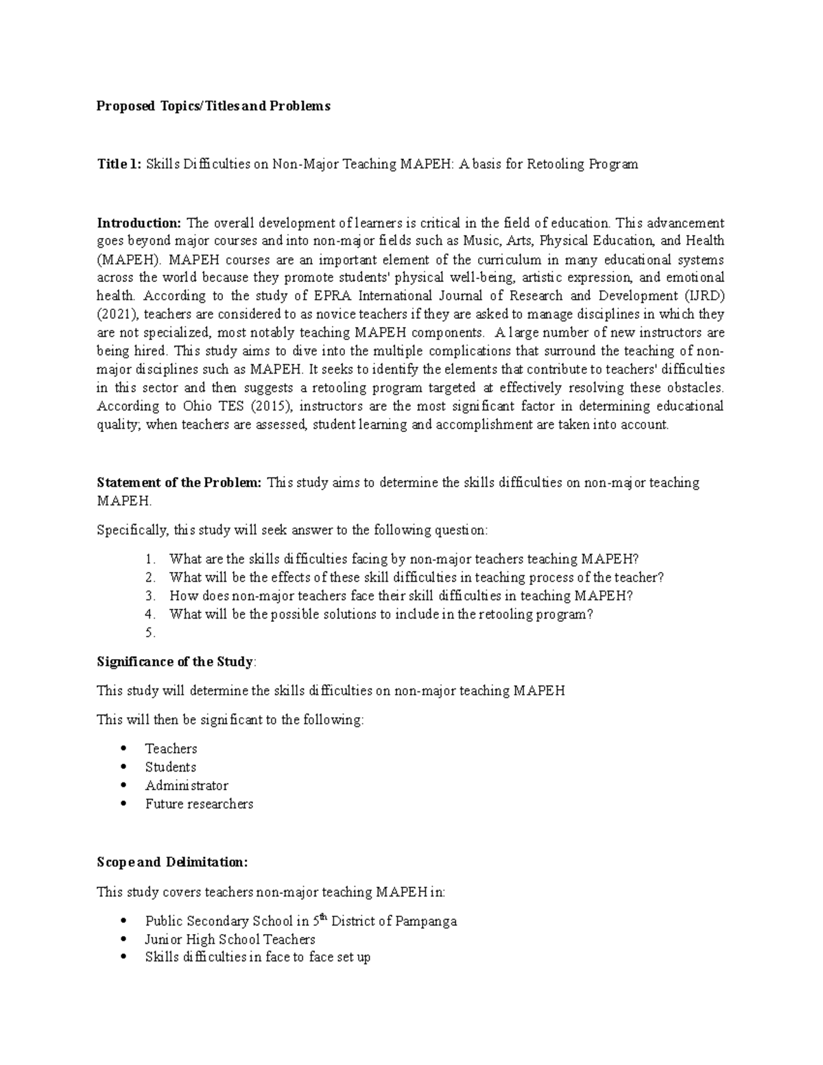 MAPEH 101: Skills Difficulties in Non-Major Teaching and Retooling ...