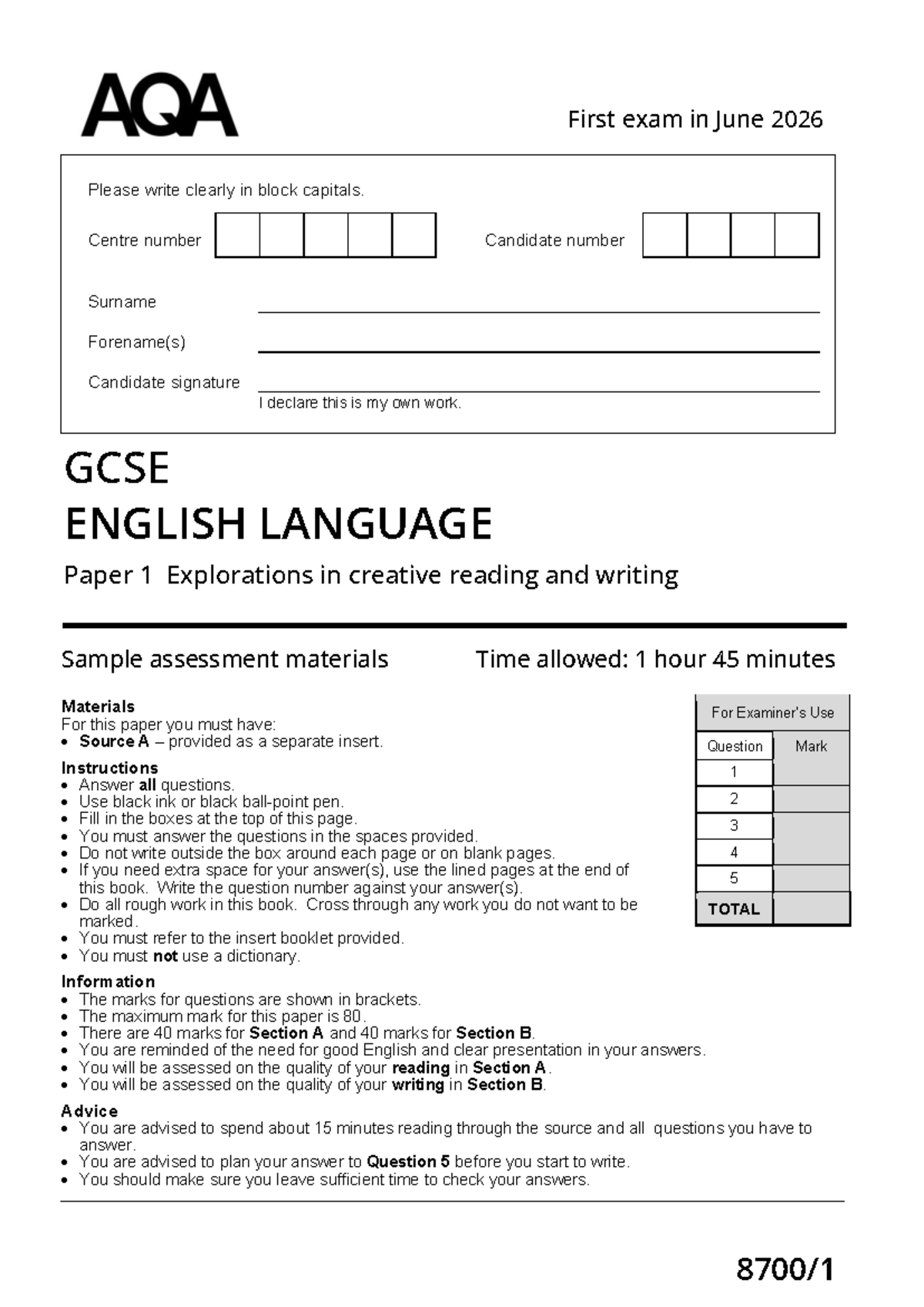 AQA 8700 1 SQP 2026 - GCSE ENGLISH LANGUAGE Paper 1 Exam Guide - Studocu