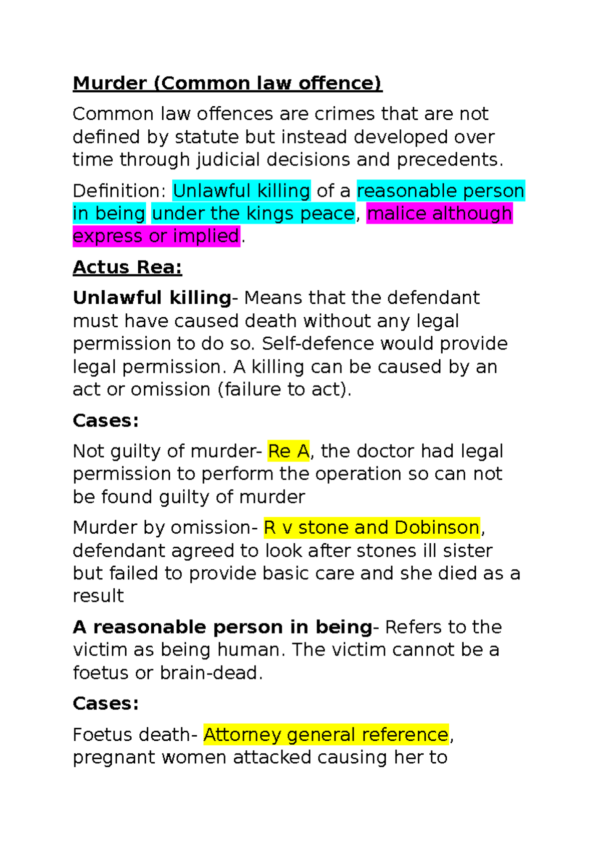 Murder Law: Common Law Offences and Key Case Analyses - Studocu