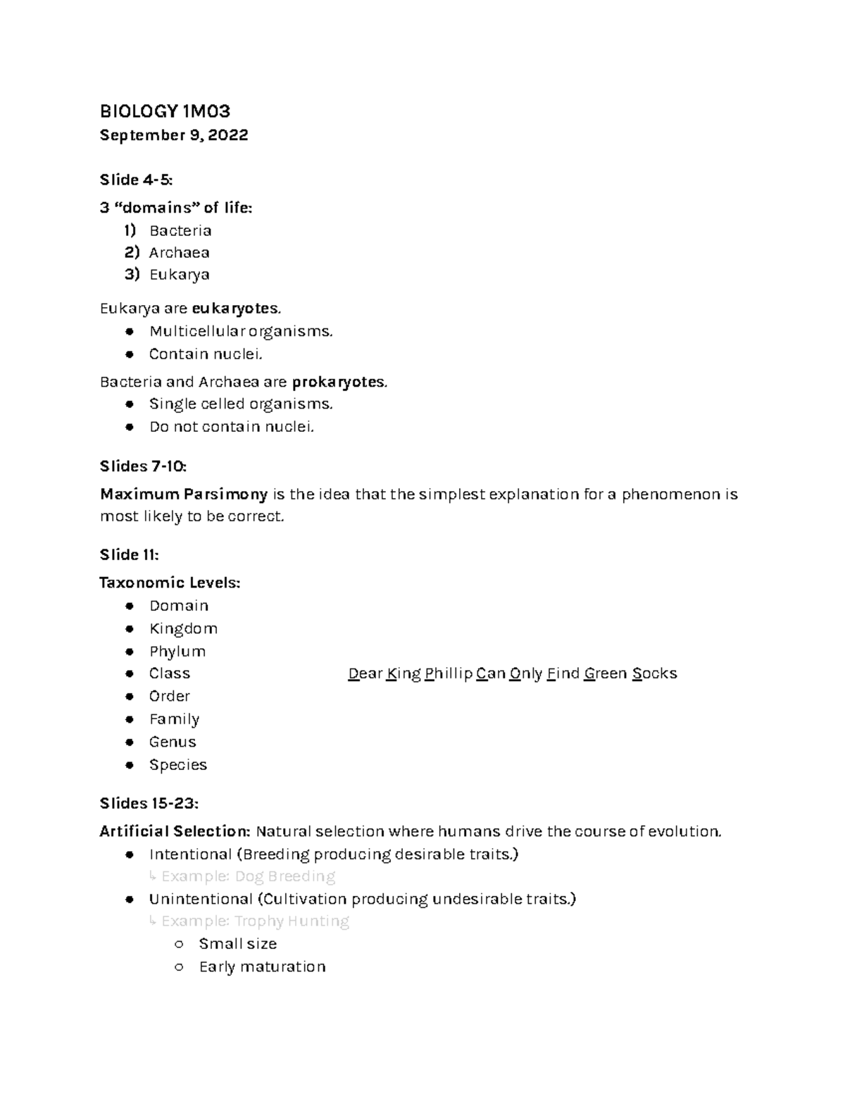 Biology 1M03 - Day 2 Lecture Notes on Life Forms and Selection - Studocu