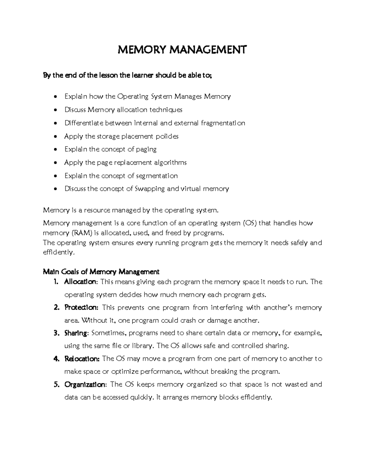 Memory Management Overview: Techniques and Concepts in OS - Studocu