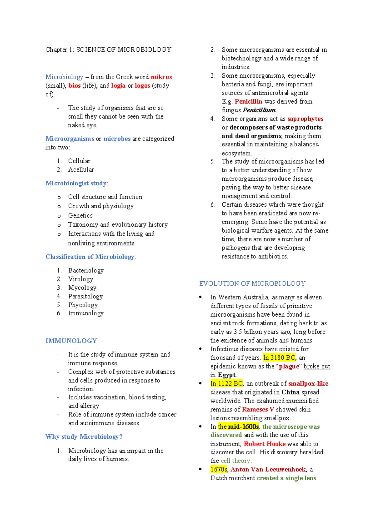 Chapter 1: Introduction to Microbiology & Parasitology (BIO101) - Studocu