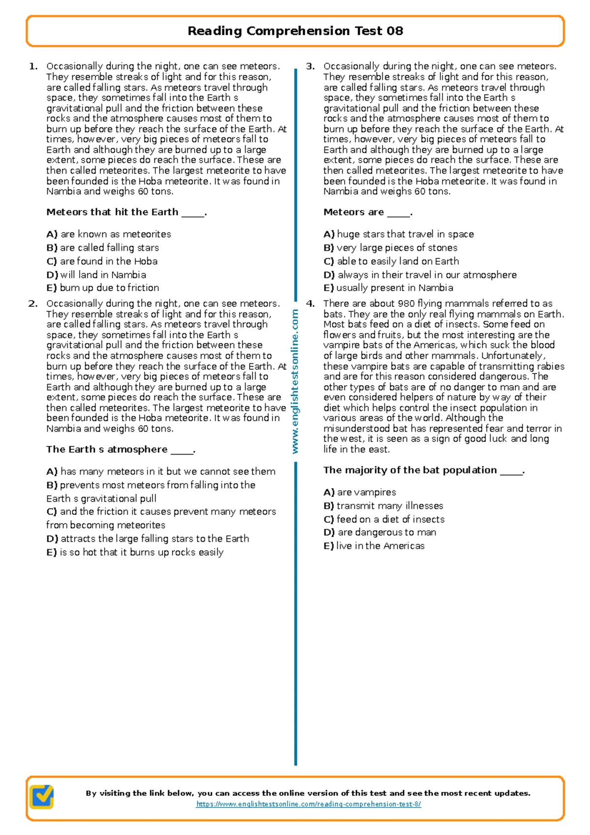 Reading Comprehension Test 04: Analyzing Texts and Questions - Studocu