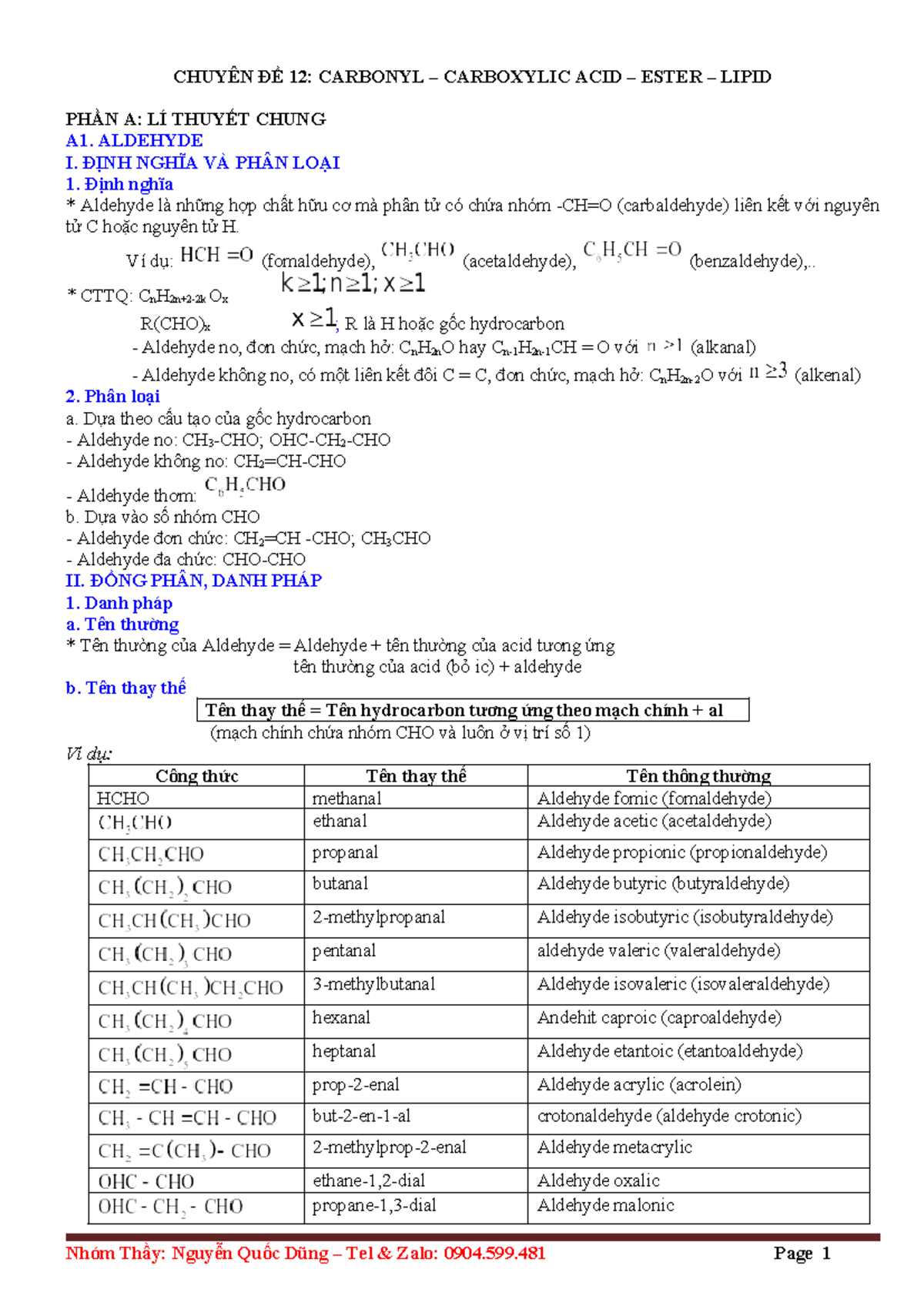 Chuyên Đề 12: Carbonyl, Acid Carboxylic, Ester và Lipid - Studocu