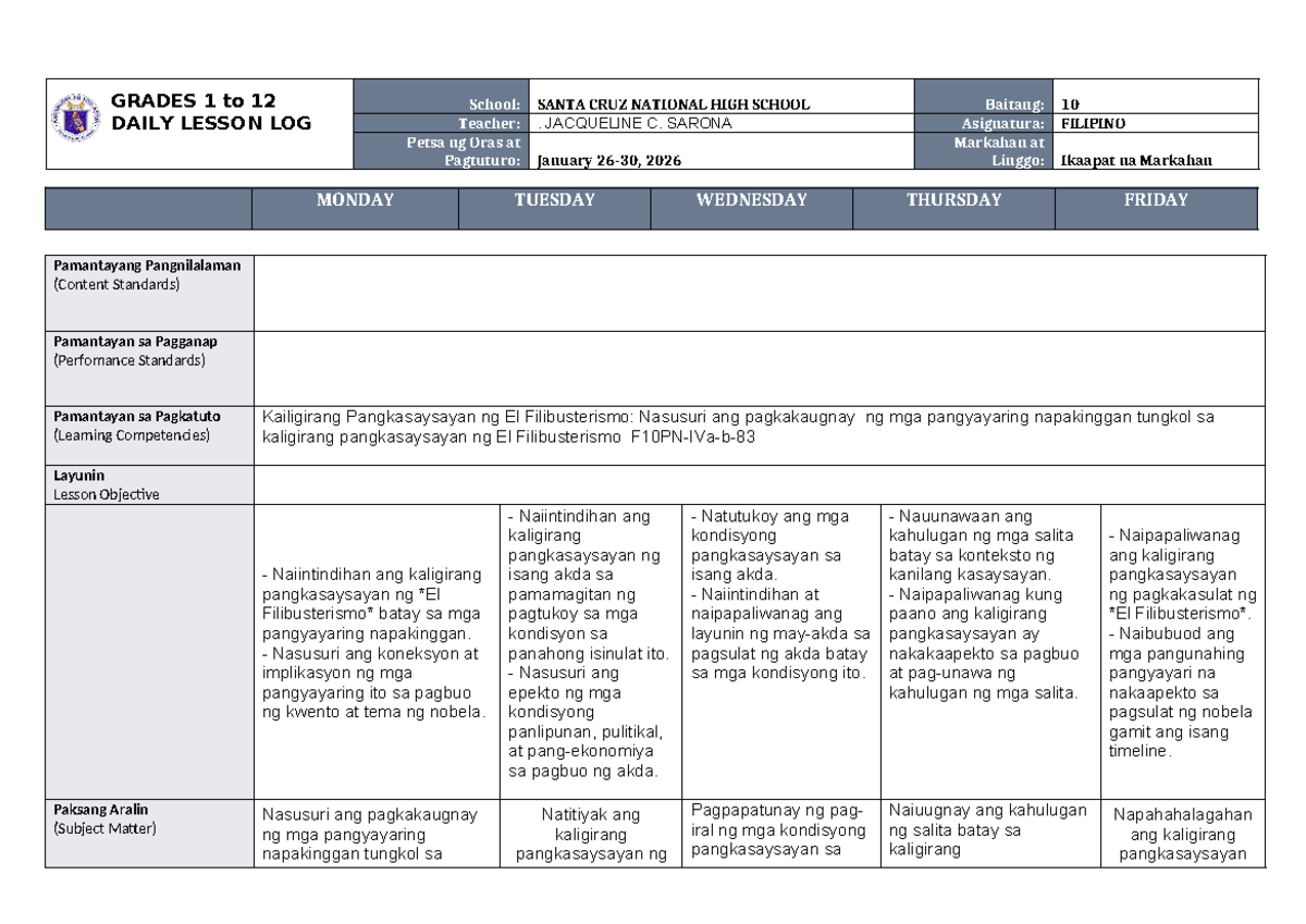 WEEK 1 DAILY LESSON LOG: FILIPINO GRADE 10 - QUARTER 4 - Studocu