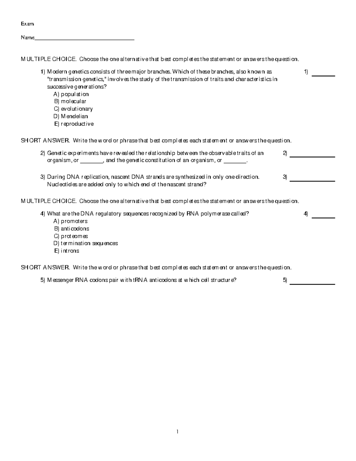 Genetics Exam 2019: Multiple Choice, Short Answer & Essay Questions ...