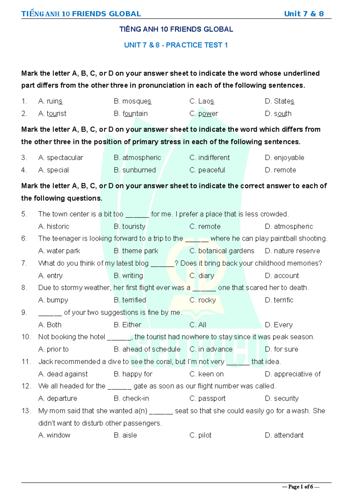TIẾNG ANH 10 FRIENDS GLOBAL Unit 7 & 8 PRACTICE TEST 1 - Studocu