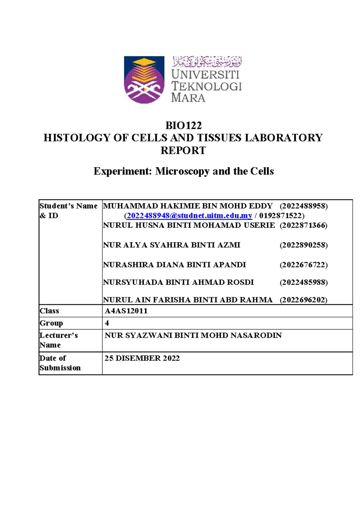 FINAL LAB Report BIO122 - Microscopy and Cellular Analysis - Studocu