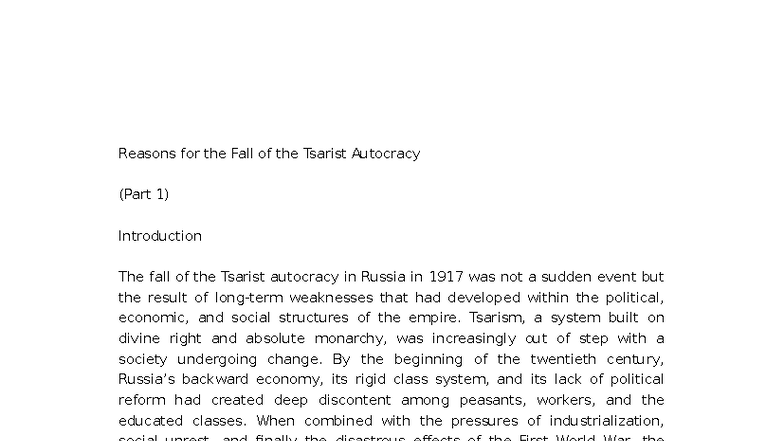 Reasons for the Fall of Tsarist Autocracy (HIST 101) - Part 1 Analysis ...