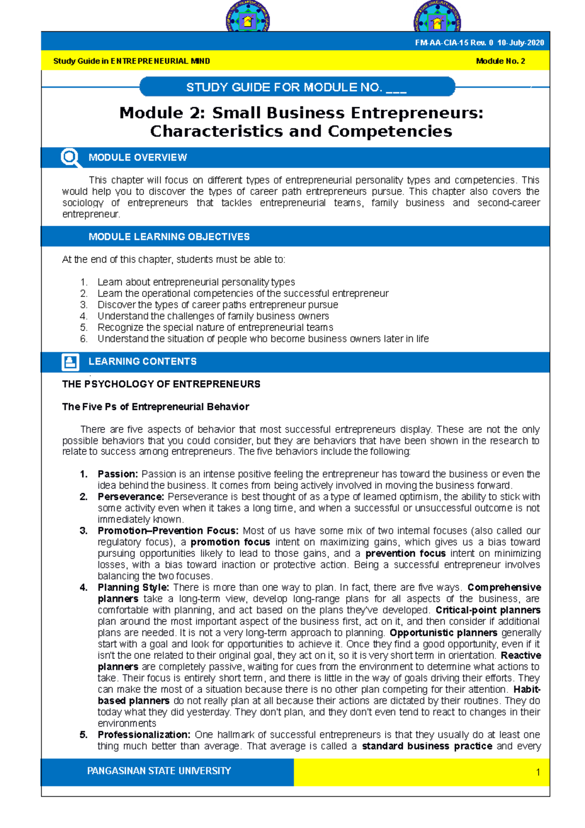 ENTREPRENEURIAL MIND Study Guide: Module 2 - Characteristics ...