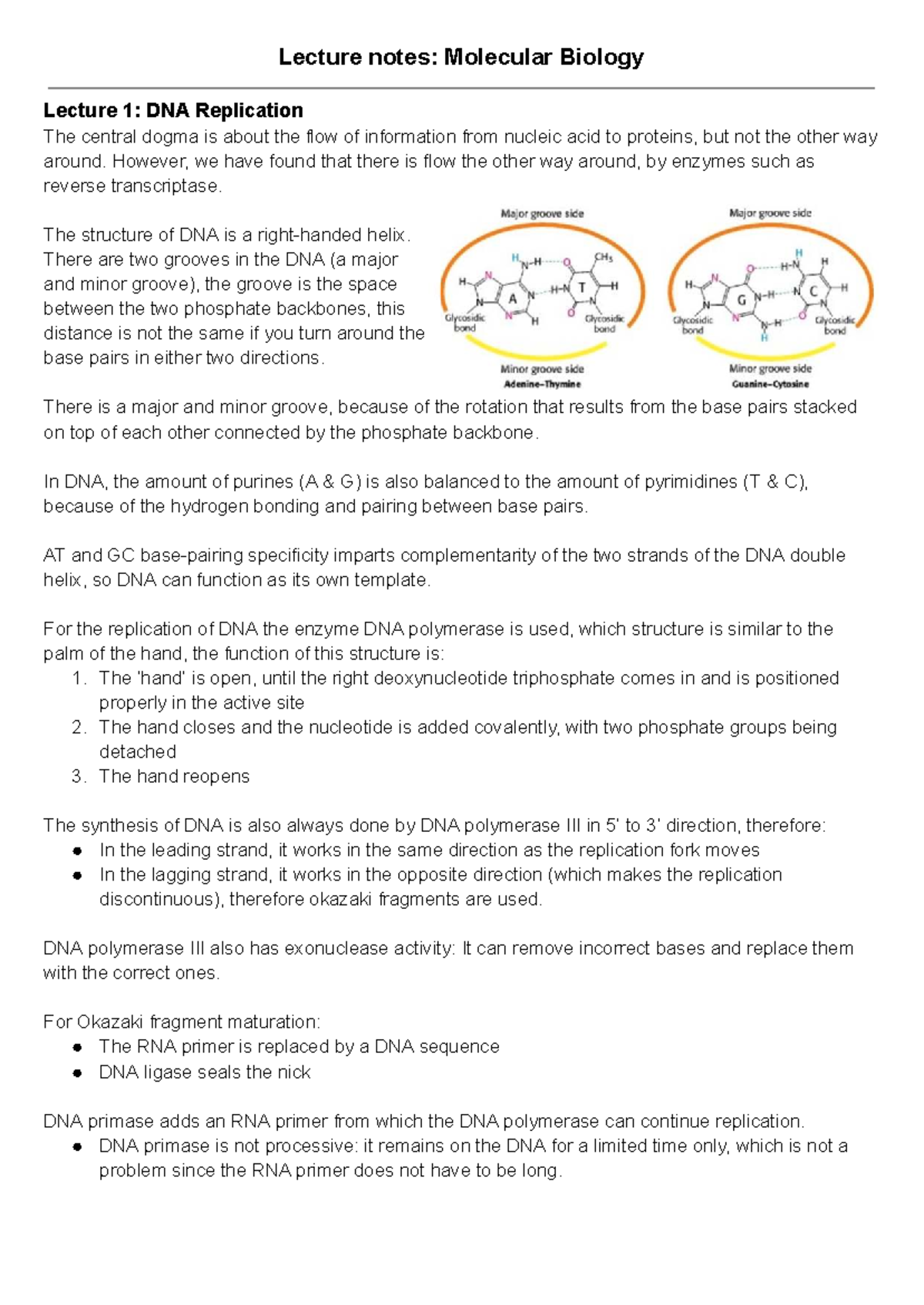 Lecture Notes: Molecular Biology (Course Code: BIO101) - Studeersnel