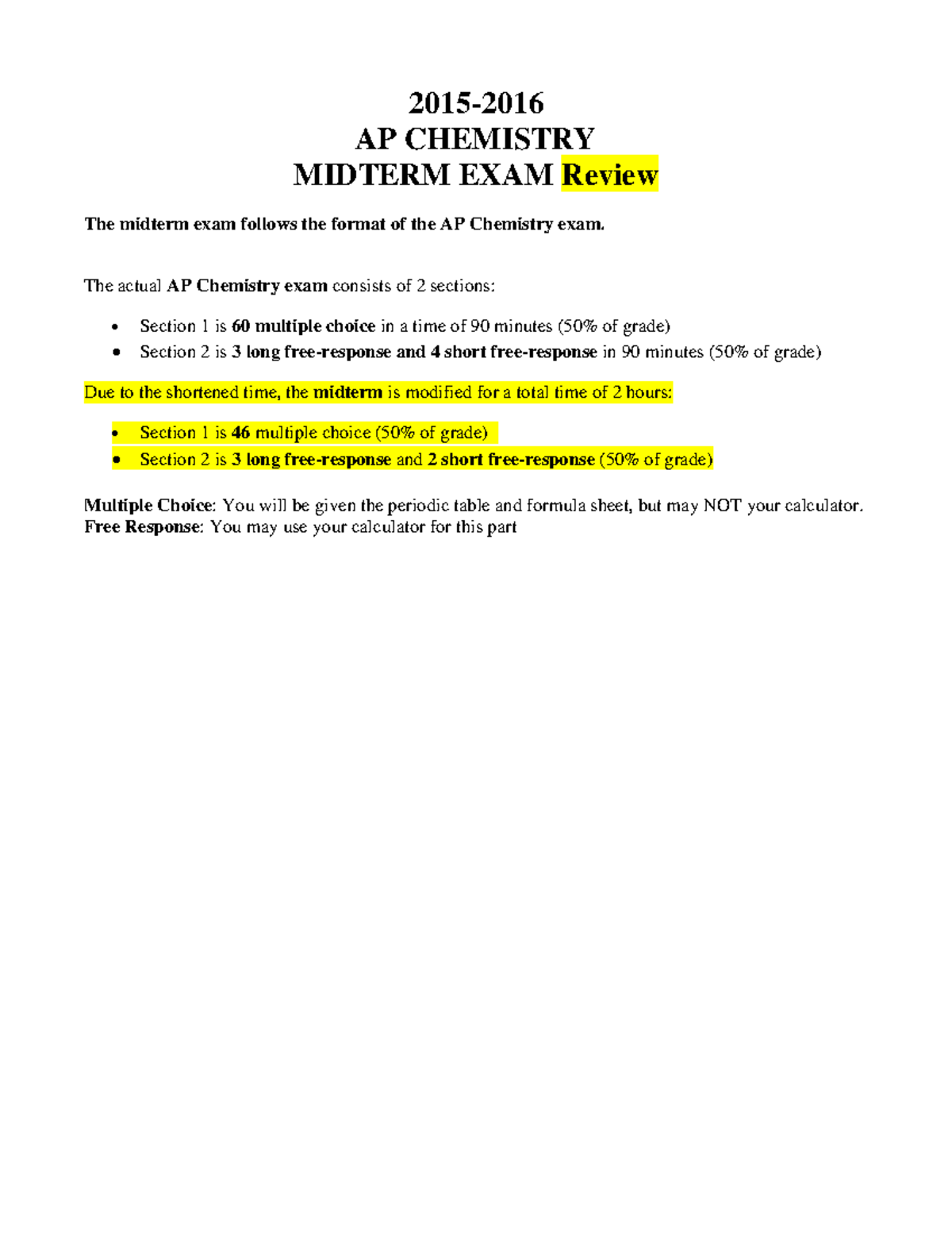 AP Review - jjnjnjn - 2015- AP CHEMISTRY MIDTERM EXAM Review The ...