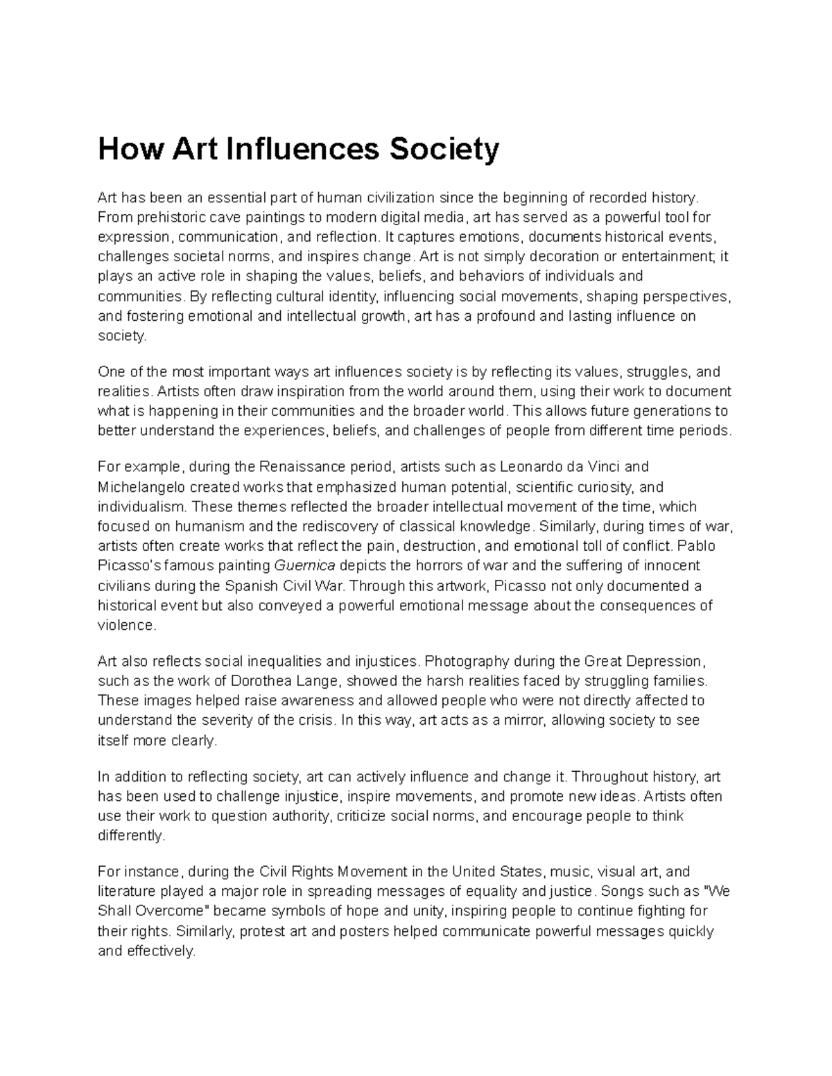 The Impact of Art on Society: Reflection and Change - Studocu