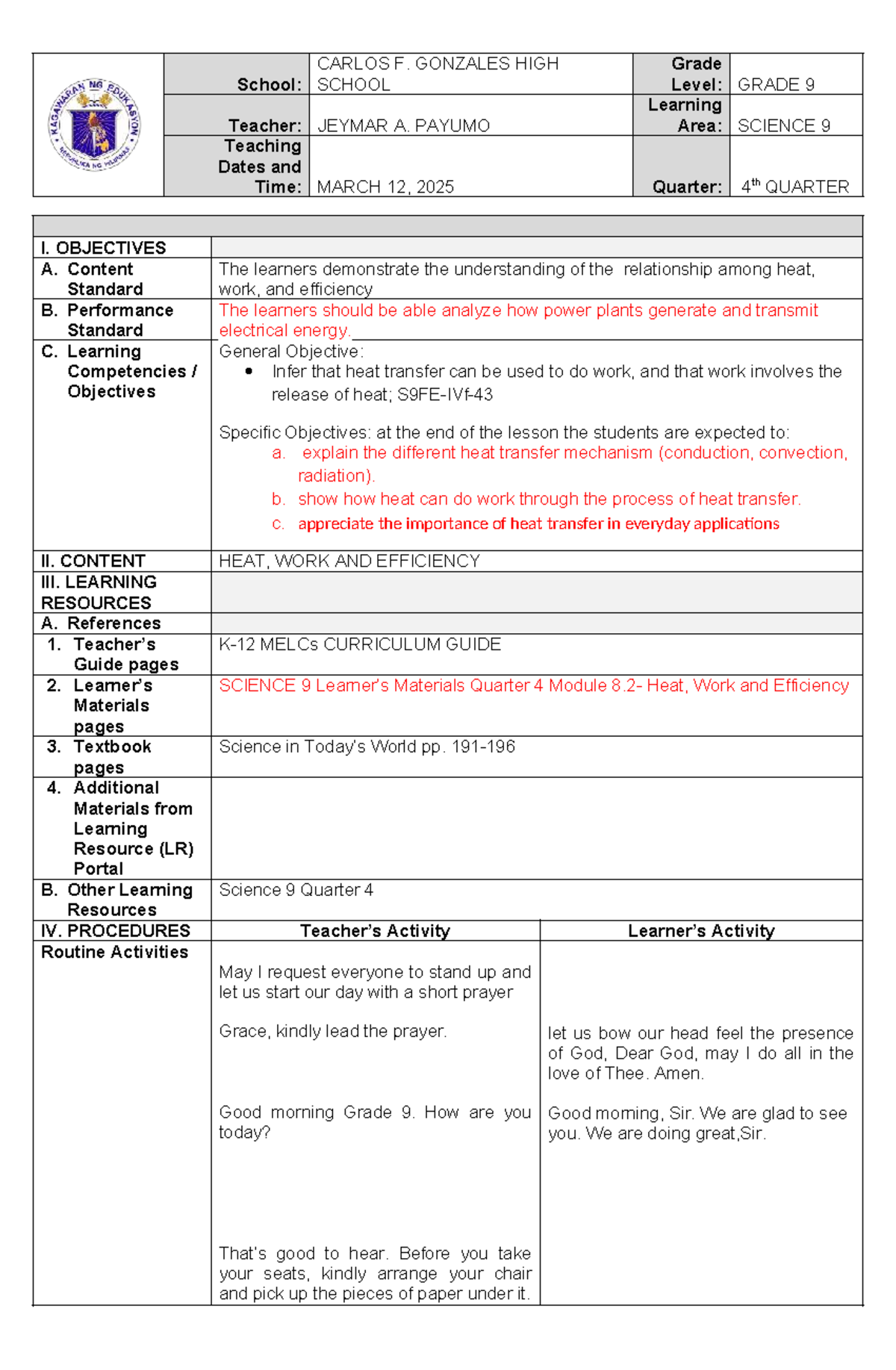 Grade 9 Science 9: Heat, Work, and Efficiency Lesson Plan - Studocu