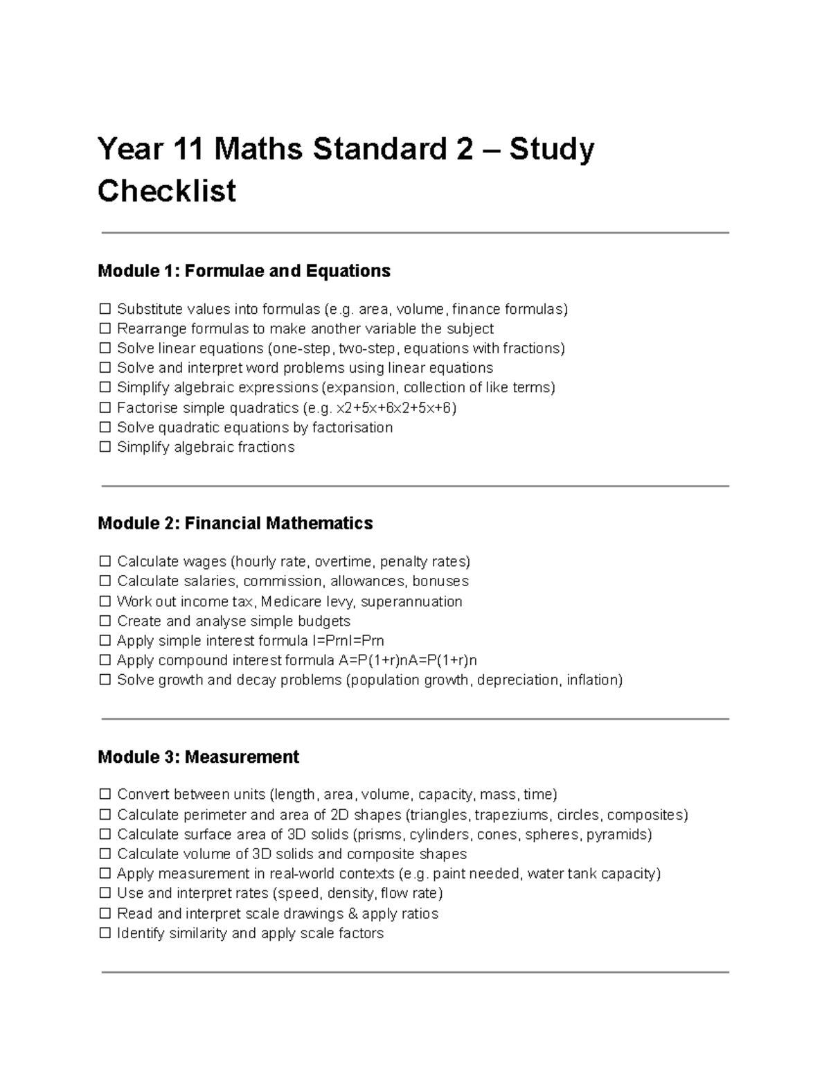 Yr 11 Maths Std 2 Study Checklist: Modules 1-3 Overview - Studocu