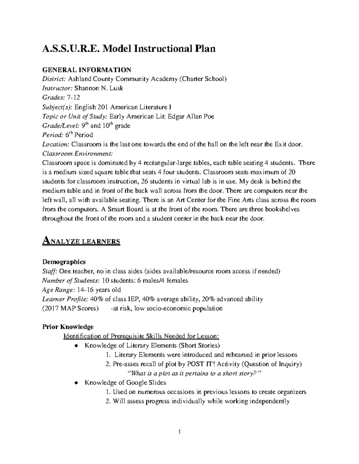 Assure-Sample-Lesson Plan - A.S.S.U.R. Model Instructional Plan GENERAL ...