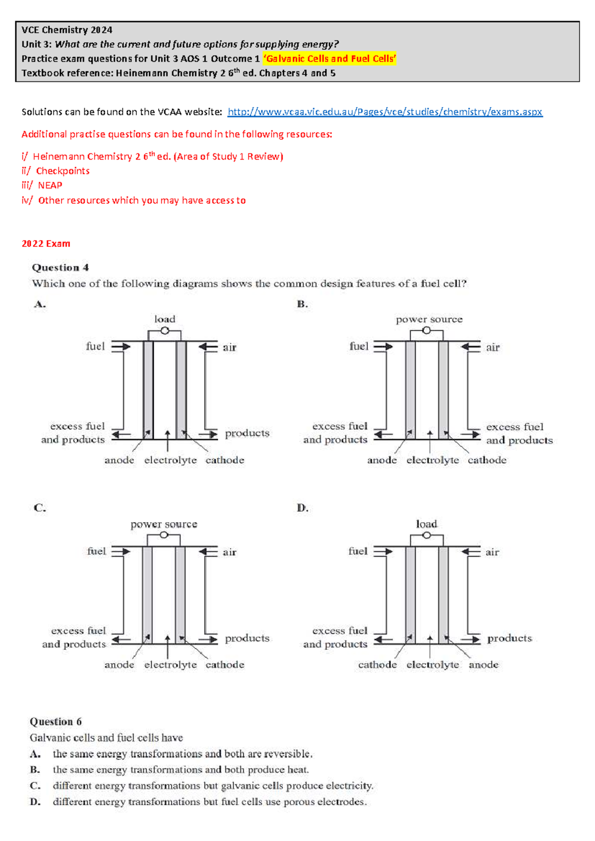 VCE Chemistry 2024 Unit 3 AOS 1: Galvanic & Fuel Cells Exam Qs - Studocu
