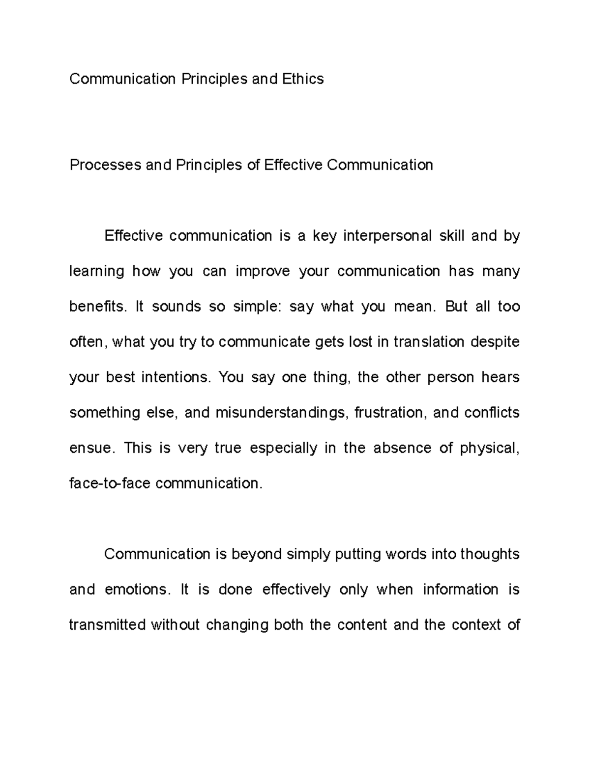 Communication Principles and Ethics - Communication Principles and Ethics Processes and ...