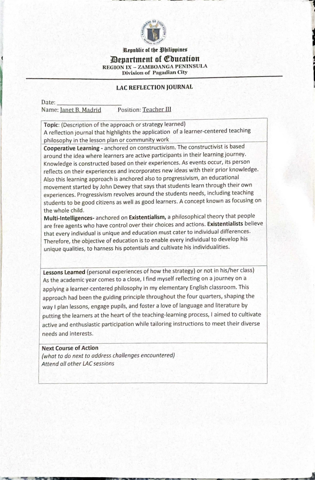 LAC Reflection Journal: Teaching Philosophy in English Class - Studocu