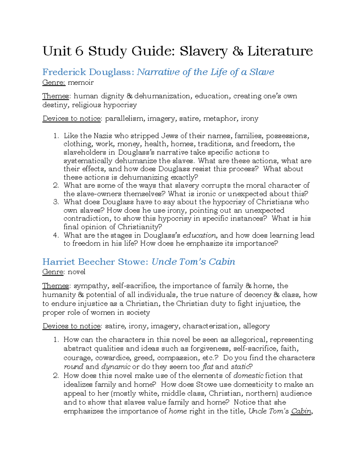 Unit 6 Study Guide: Literature's Reflection on Slavery and Humanity ...