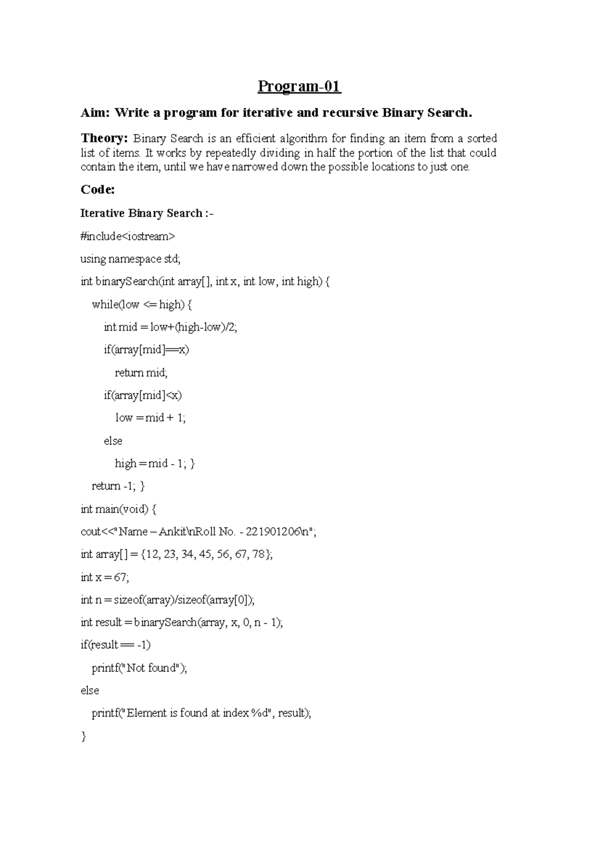 Write a program for iterative and recursive Binary Search. - Theory ...